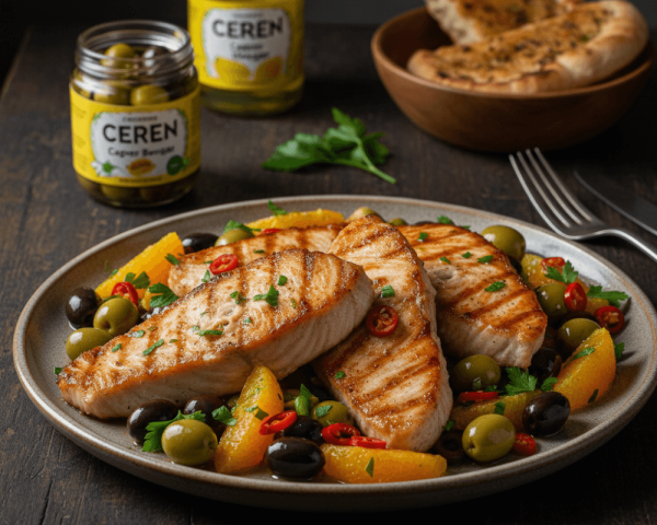 Sicilian Swordfish with Caper Berry, Olive & Orange Salsa – CEREN